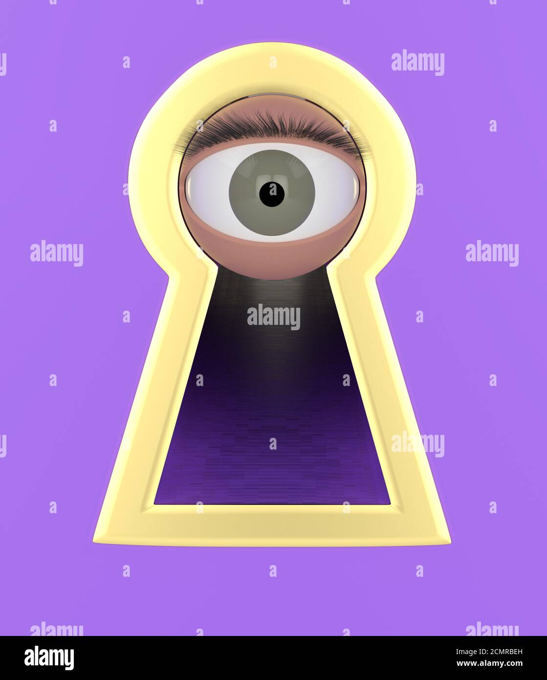 Eye looking through a keyhole violet background 3d illustration Stock ...