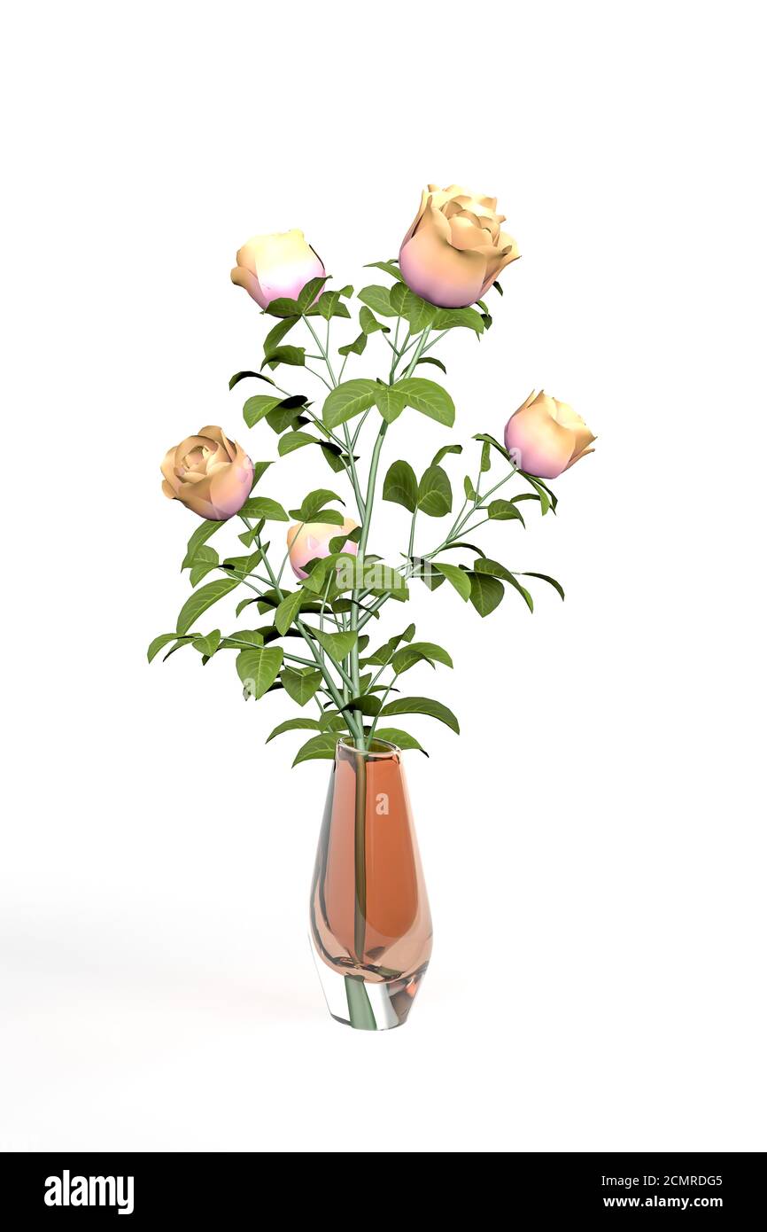 Bouquet of orange roses in a glass round vase isolated on a white ...