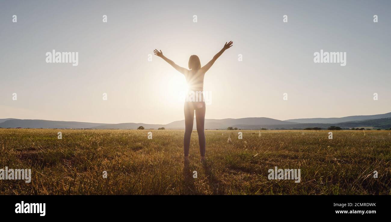 Victory. Feeling positive and full of joy. Success and life goals ...