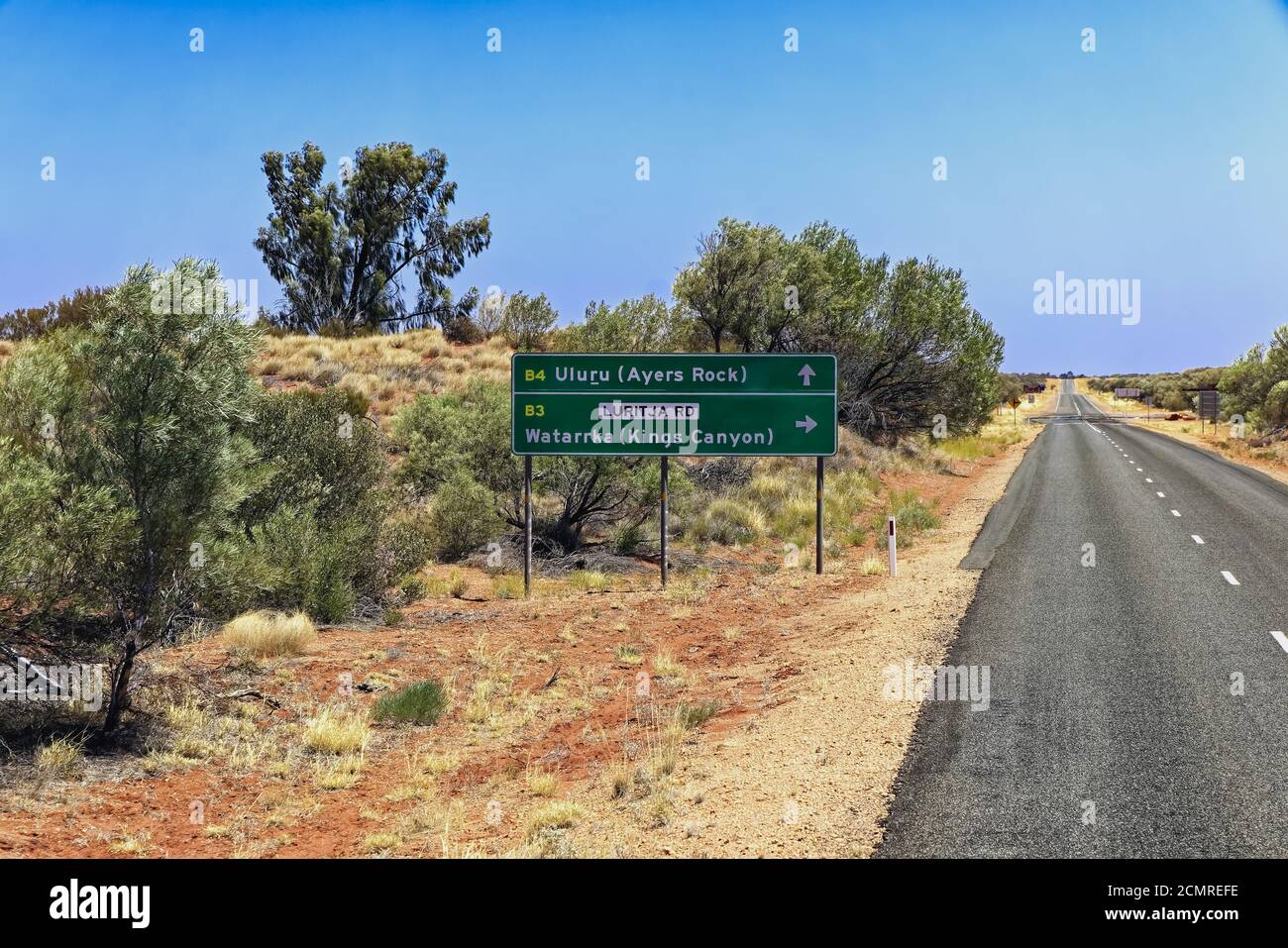 On the Lasseter Highway towards Uluru in the Australian outback in the ...