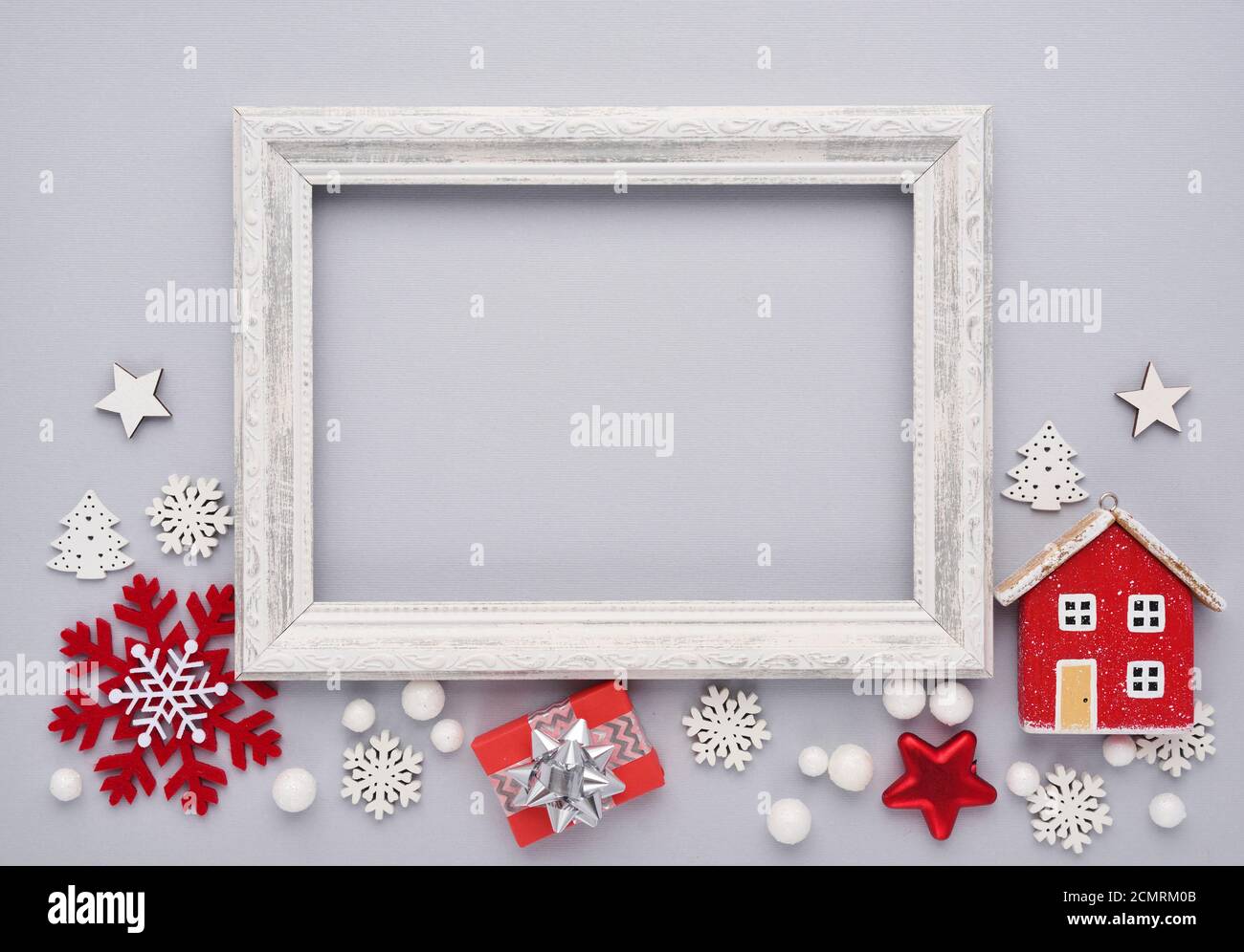 Christmas composition. Photo frame, christmas decorations on gray ...