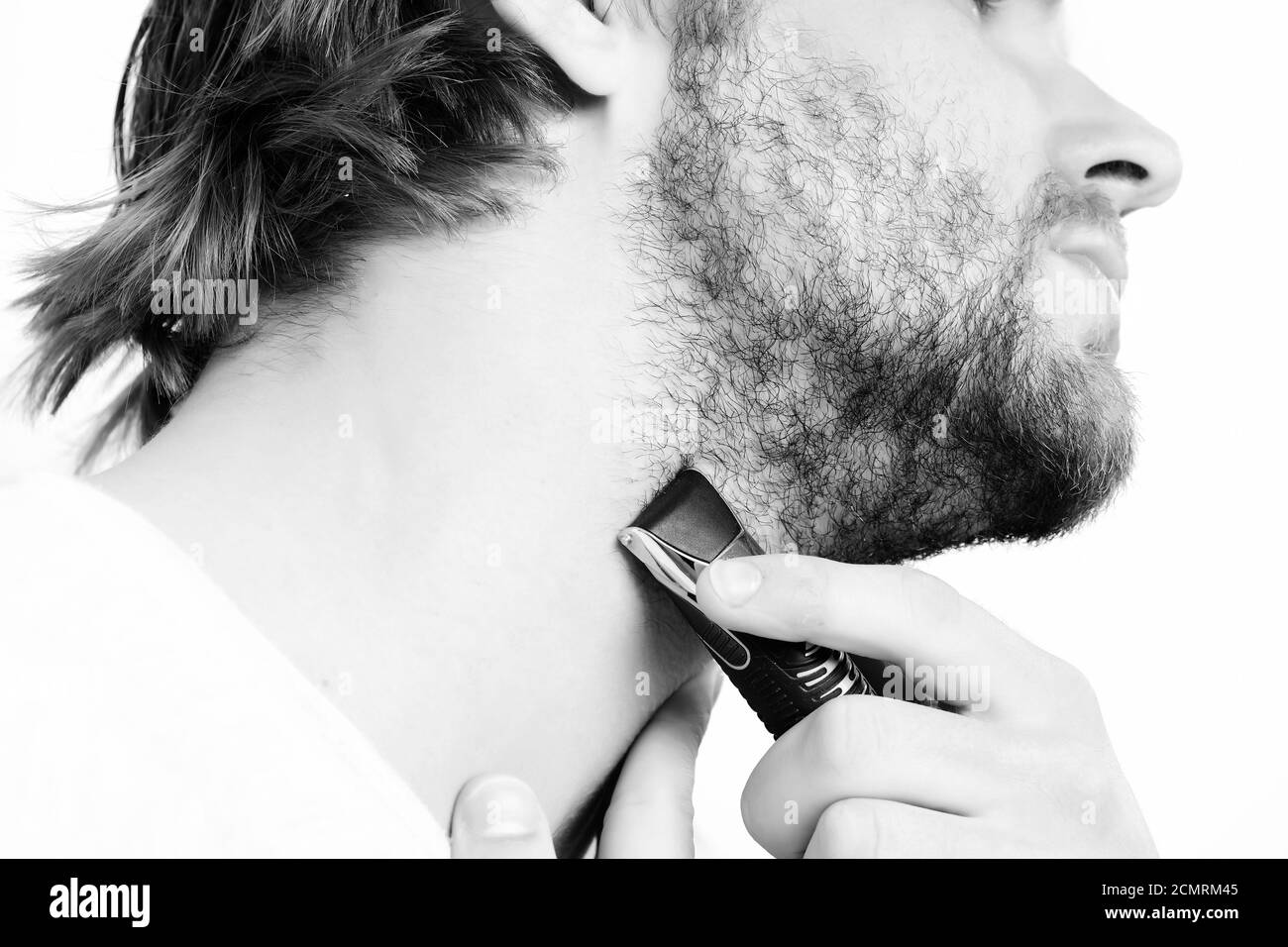 Mans neck with fair beard. Bearded guy and shaver isolated on white ...