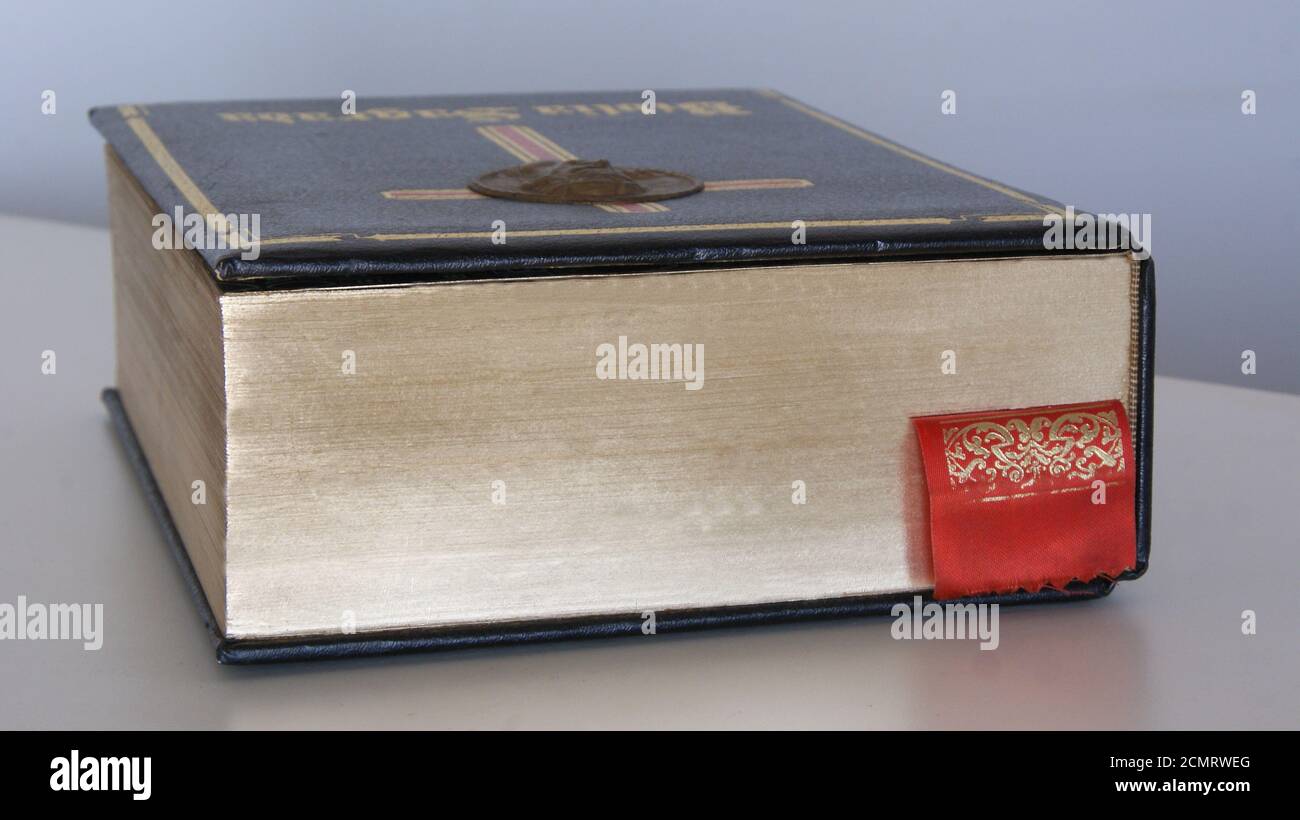 Holy Bible special edition golden side hardcover in side view with blue ...
