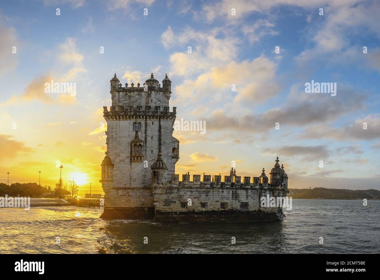 Lisbon Portugal sunrise city skyline at Belem Tower and Tagus River ...