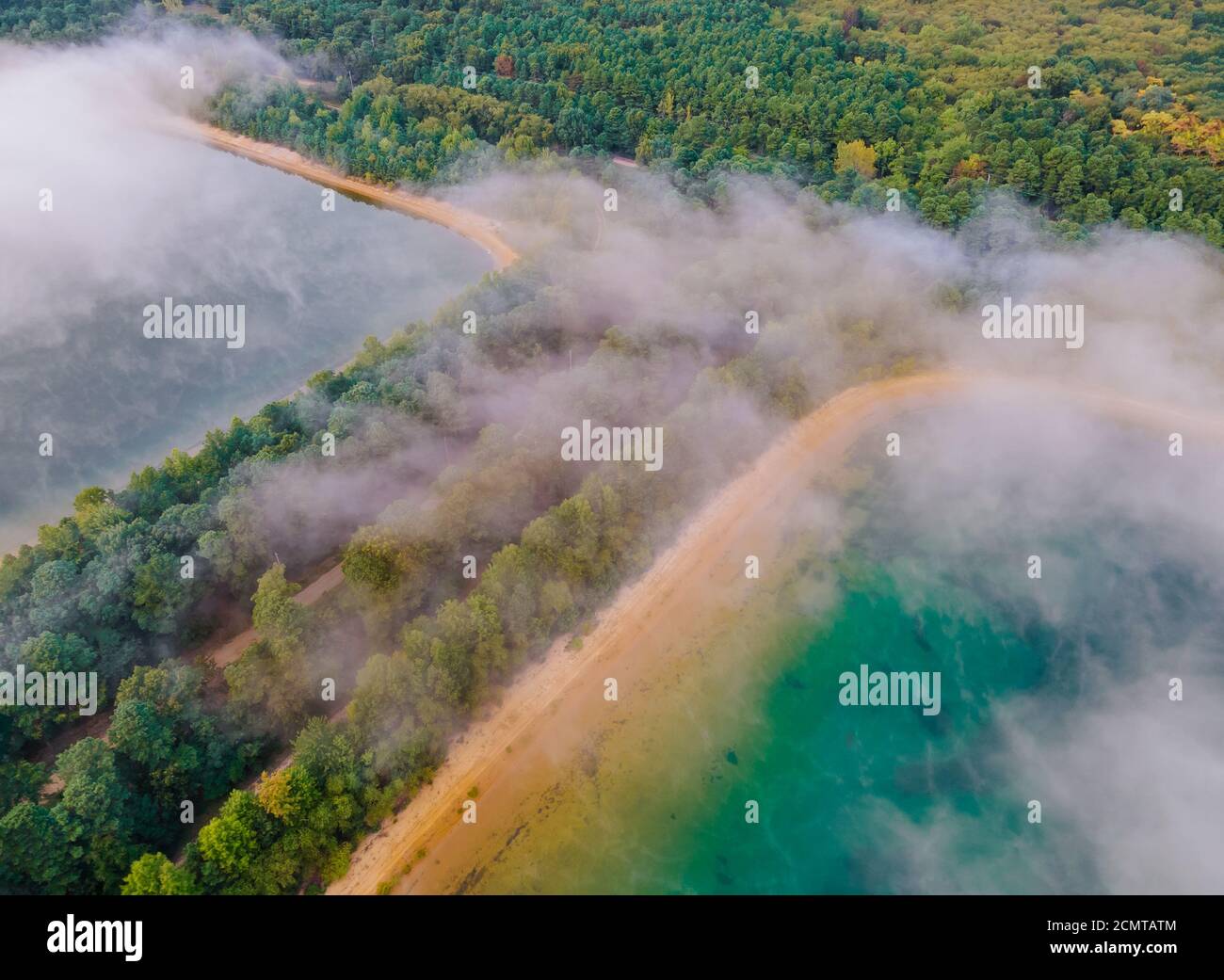 Morning fog over the lake aerial view of mist fog landscape autumn in ...