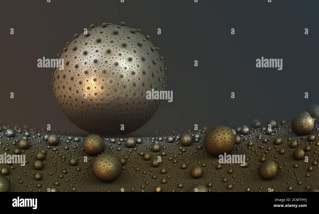 Abstract background 3D fantastic gold structures, metallic spheres ...