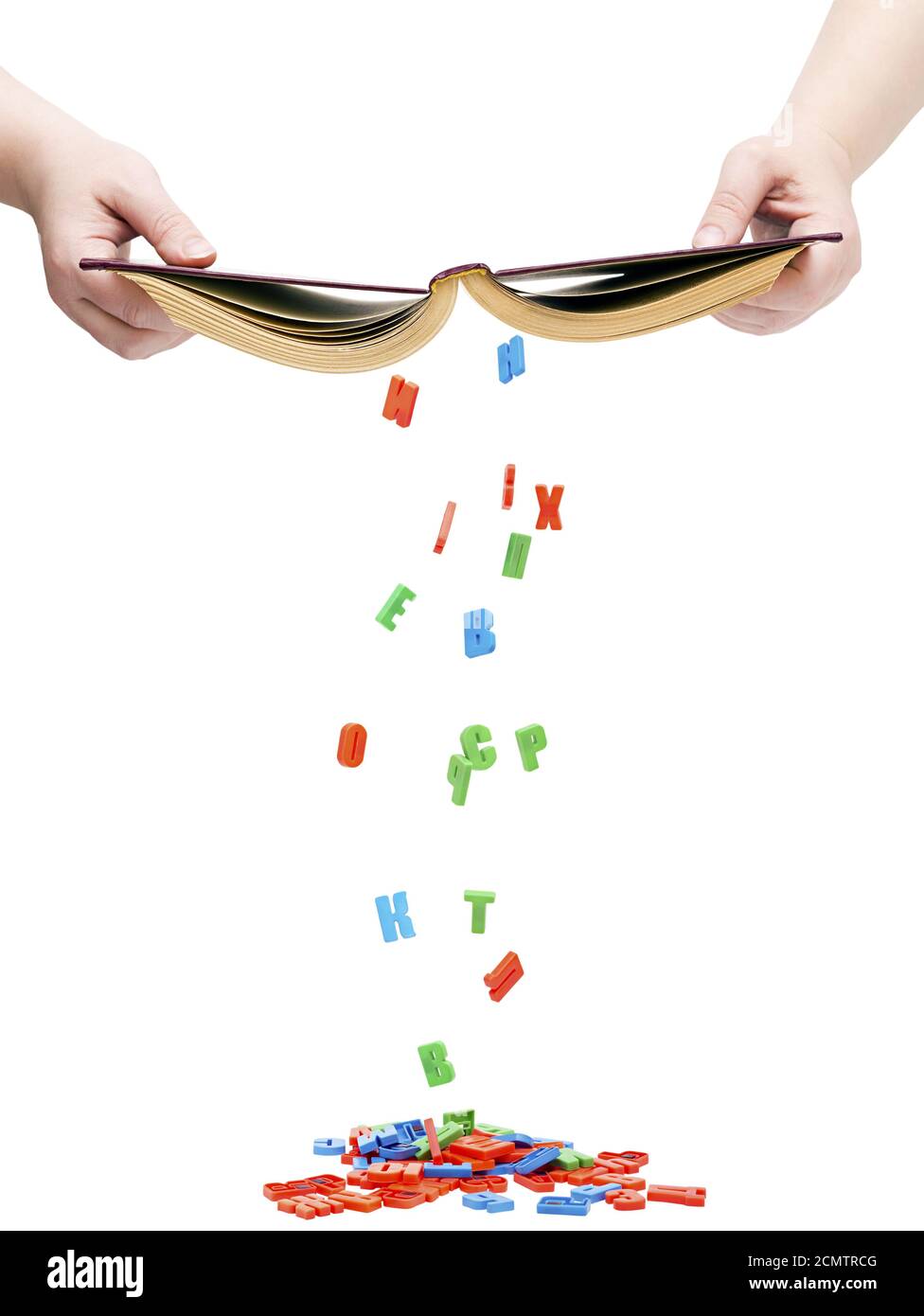 letters falling from the open book isolated on white background Stock ...