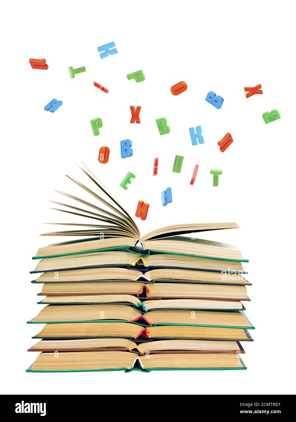 colorful letters flying out of an open book isolated on white Stock ...