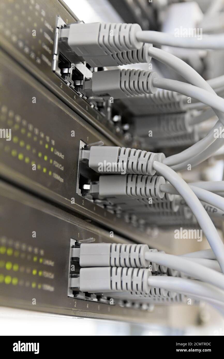 Patch Panel server rack with gray cords in the background Stock Photo ...