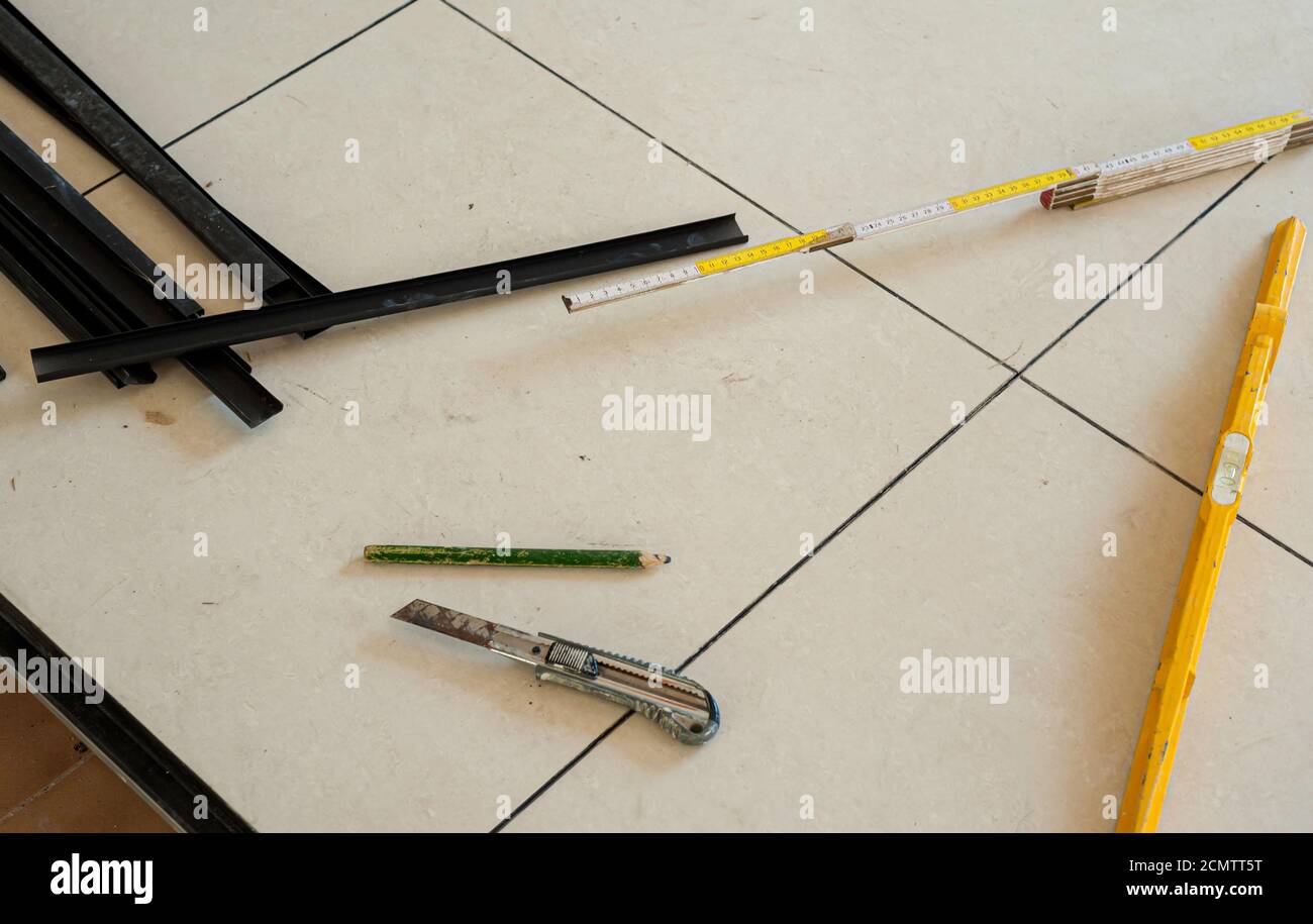 Raised Access Floor. In the process of being installed with work tools ...