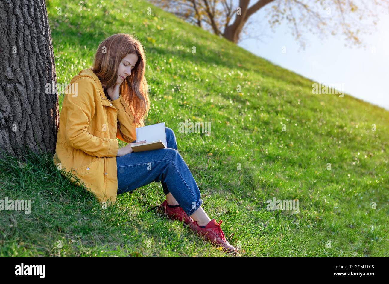 Girl reading a book sitting under a tree hi-res stock photography and ...