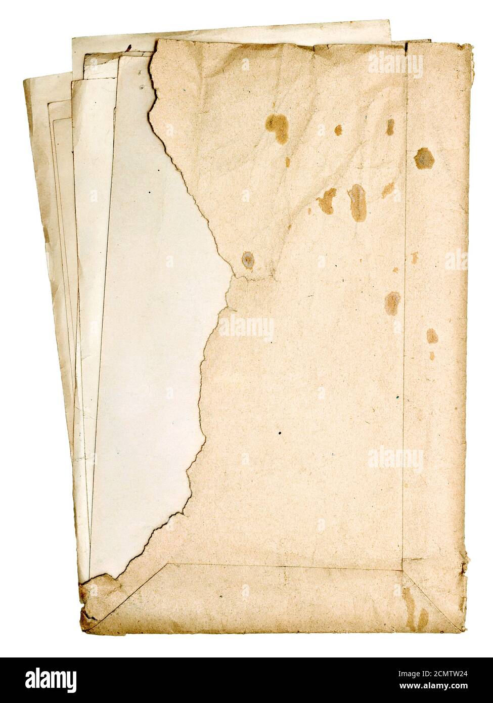 stack of old papers in a torn envelope isolated on white background ...