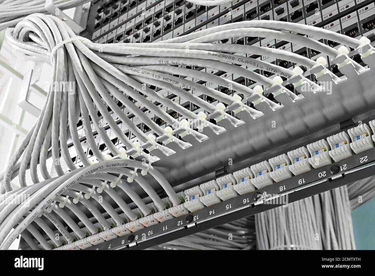 kind of wiring closet patch panels with 6-th category in the background ...