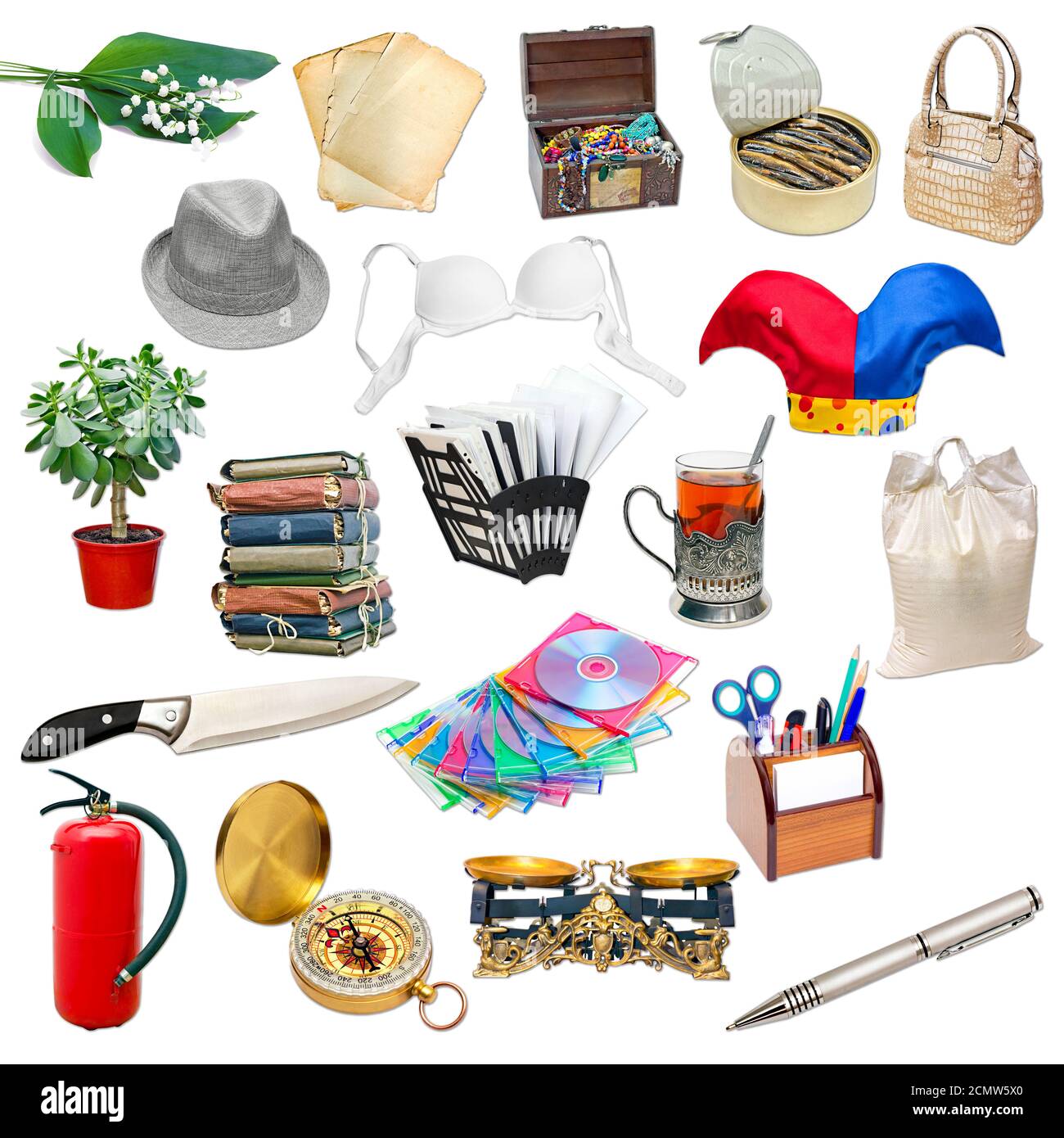 simple collage of isolated objects on white background Stock Photo - Alamy