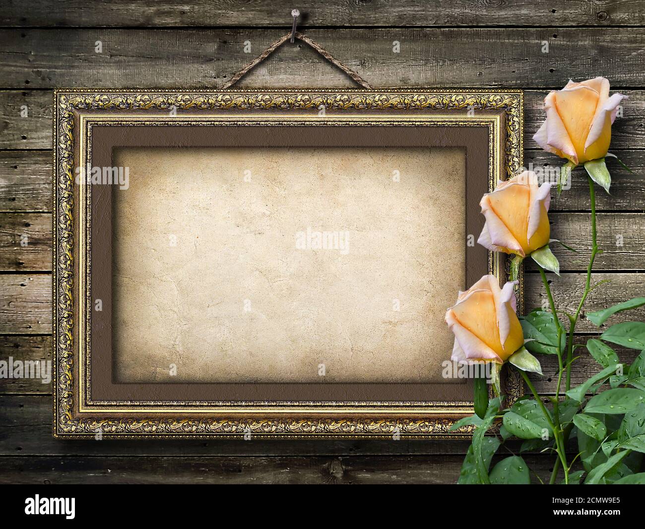 Old vintage frame for photos and a bouquet of yellow roses Stock Photo ...