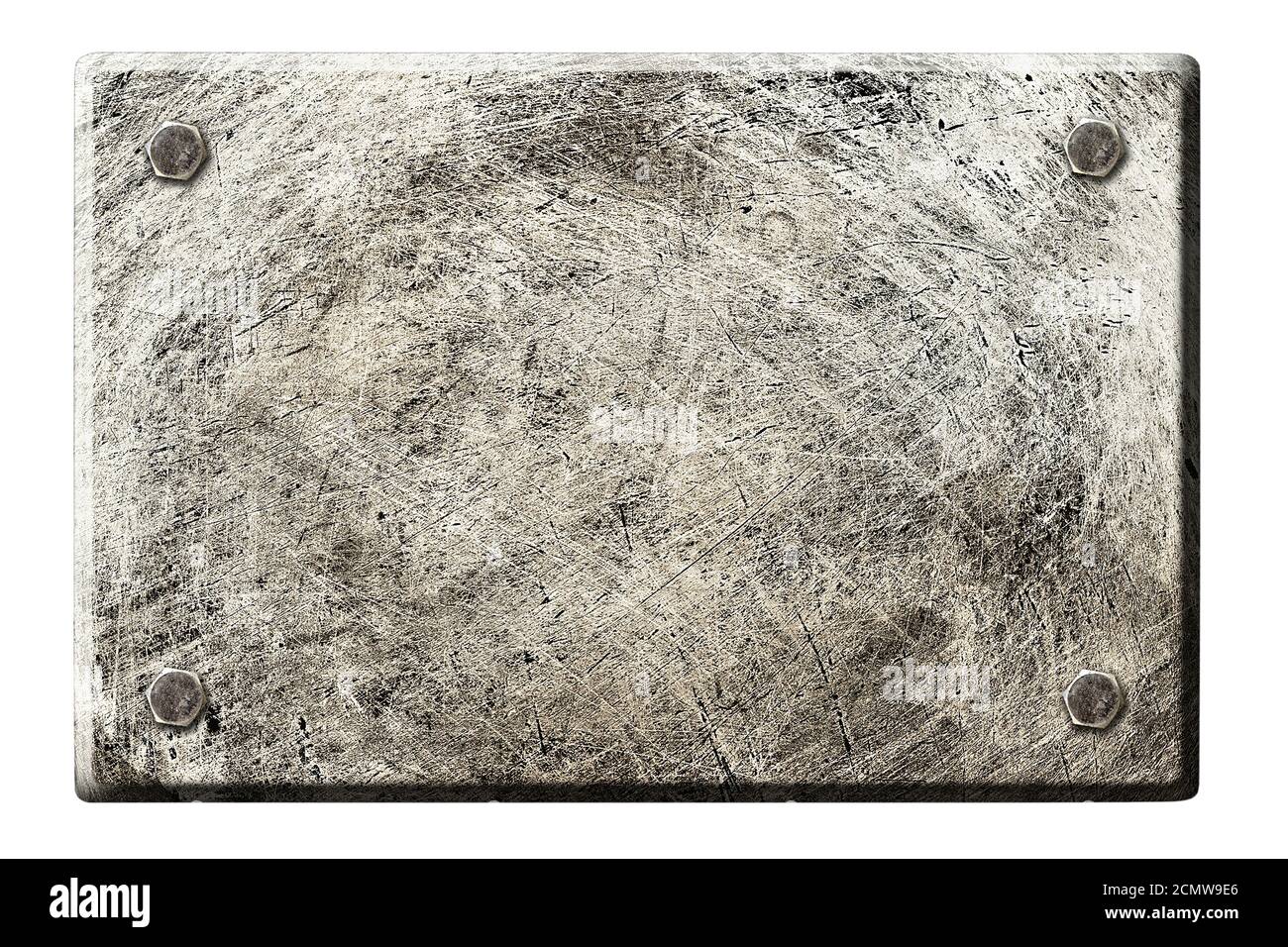 old scratched metal plate attached with four bolts Stock Photo - Alamy