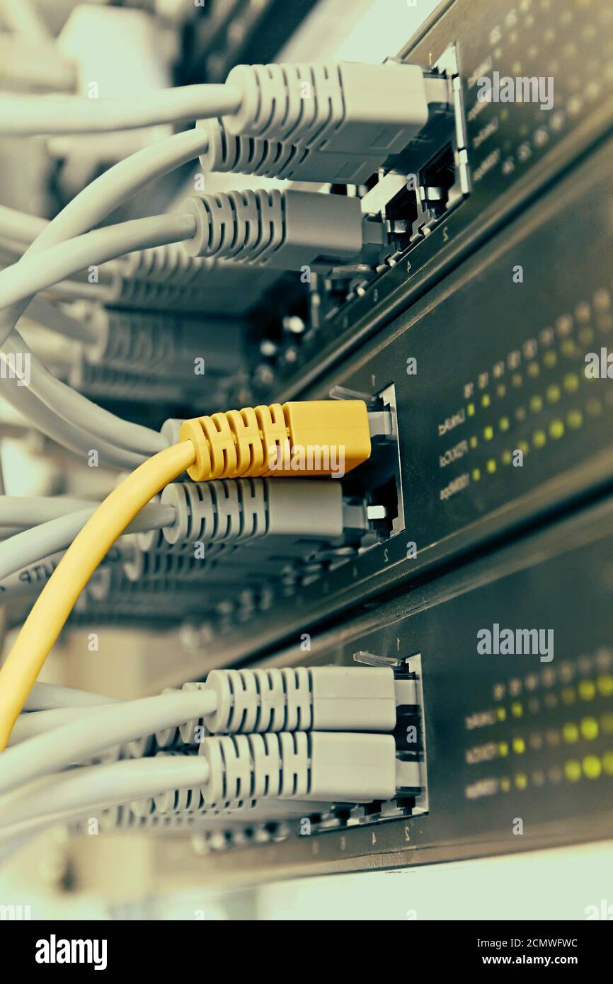 Patch Panel server rack with gray cords in the background Stock Photo ...