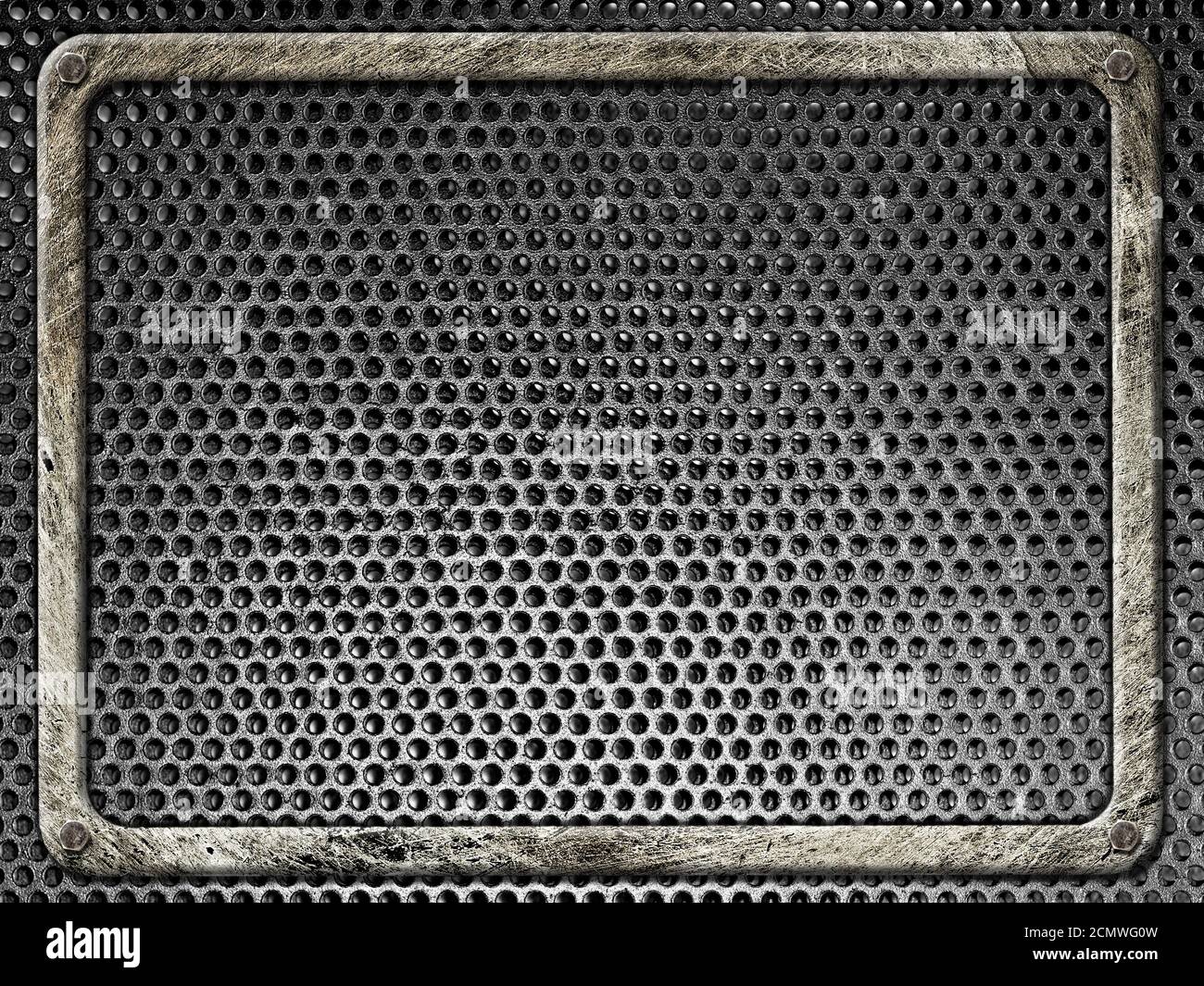 Steel frame bolted in grunge style on a background of black metal ...