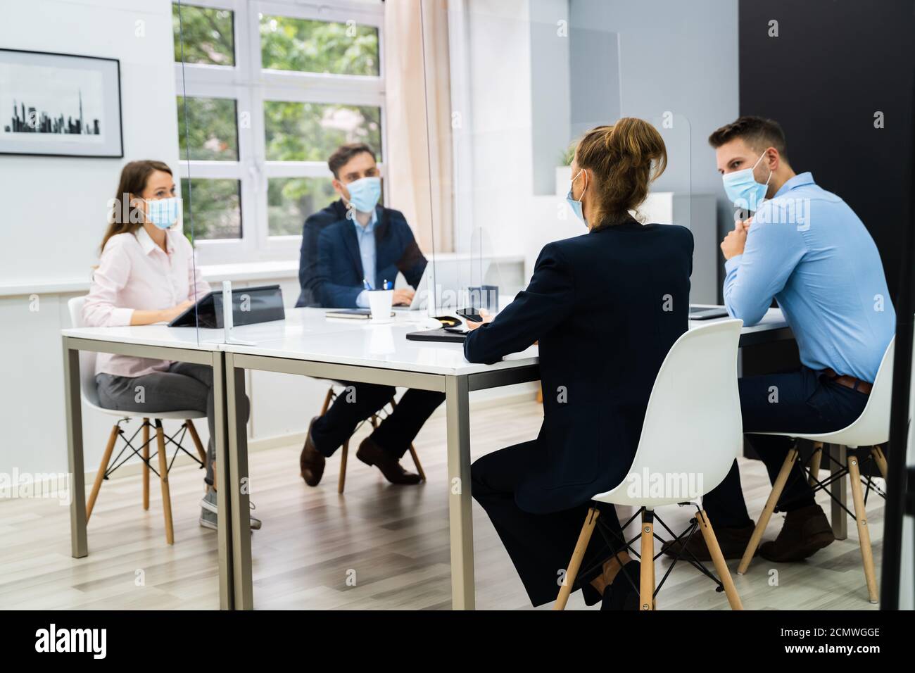 Face Mask Office Social Distancing Meeting Or Interview Stock Photo - Alamy