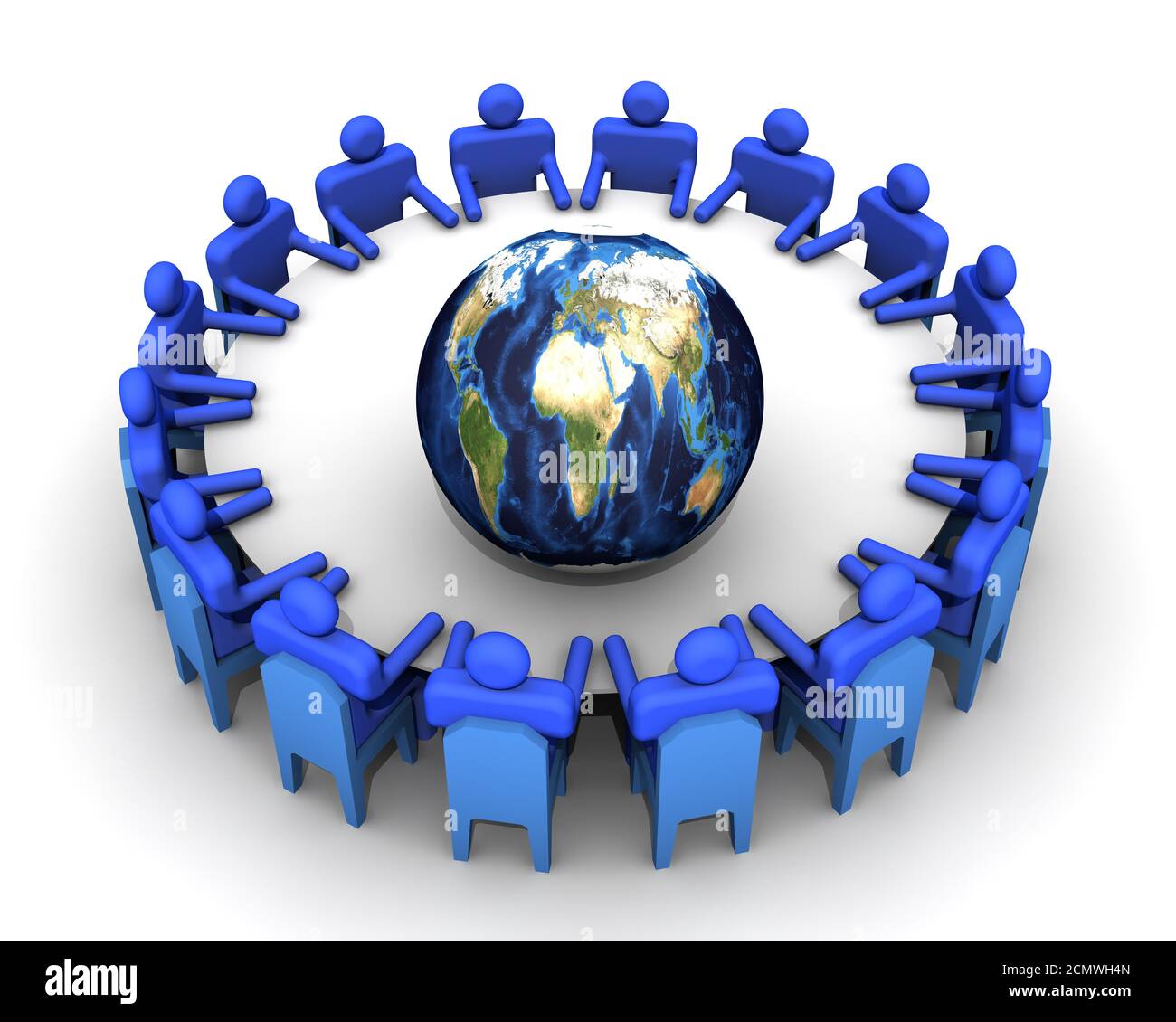 Solving world issues. Round table with symbols of people and a globe in ...