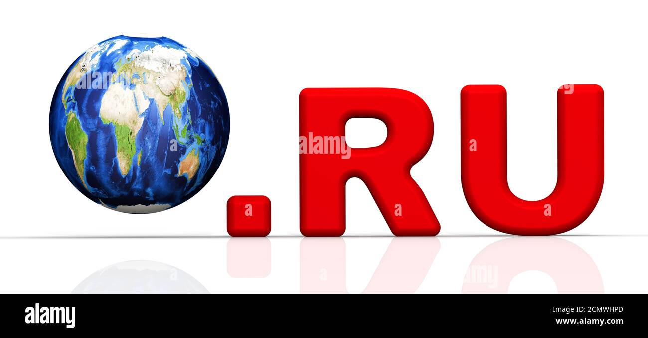 Russian domain .RU. The domain name ".RU" in red color with globe on ...