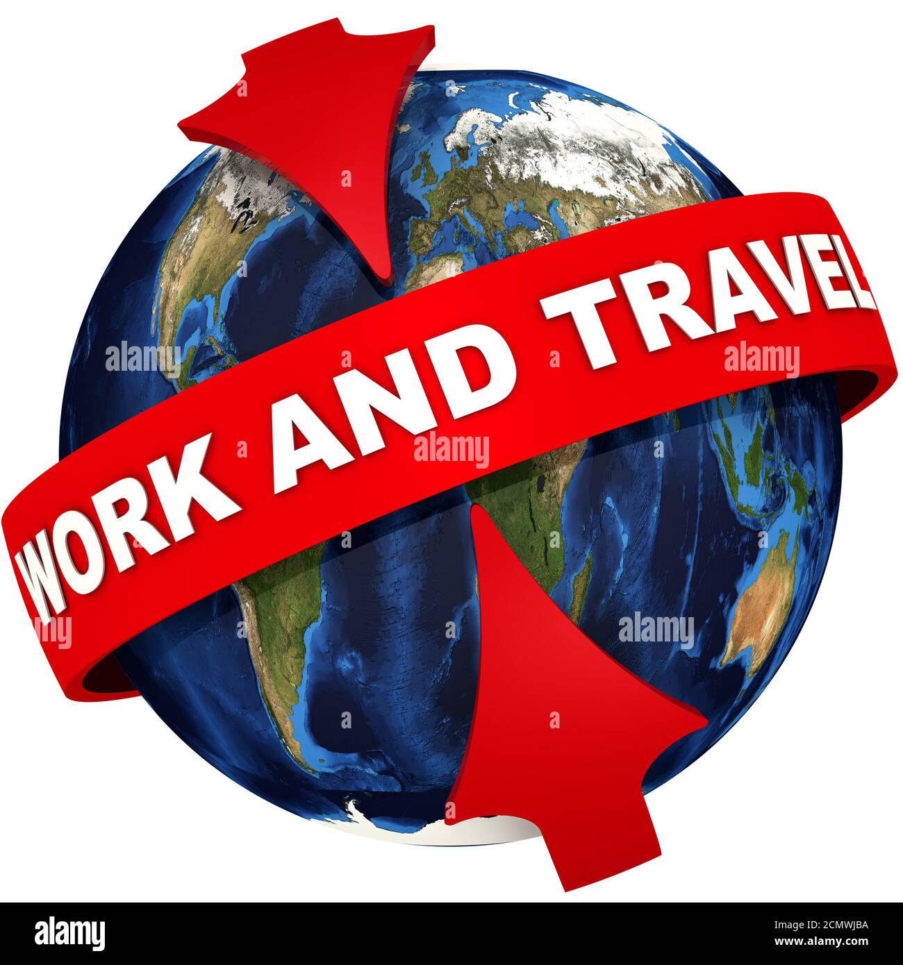 Work and travel. Red arrows emphasize the white text WORK AND TRAVEL on ...