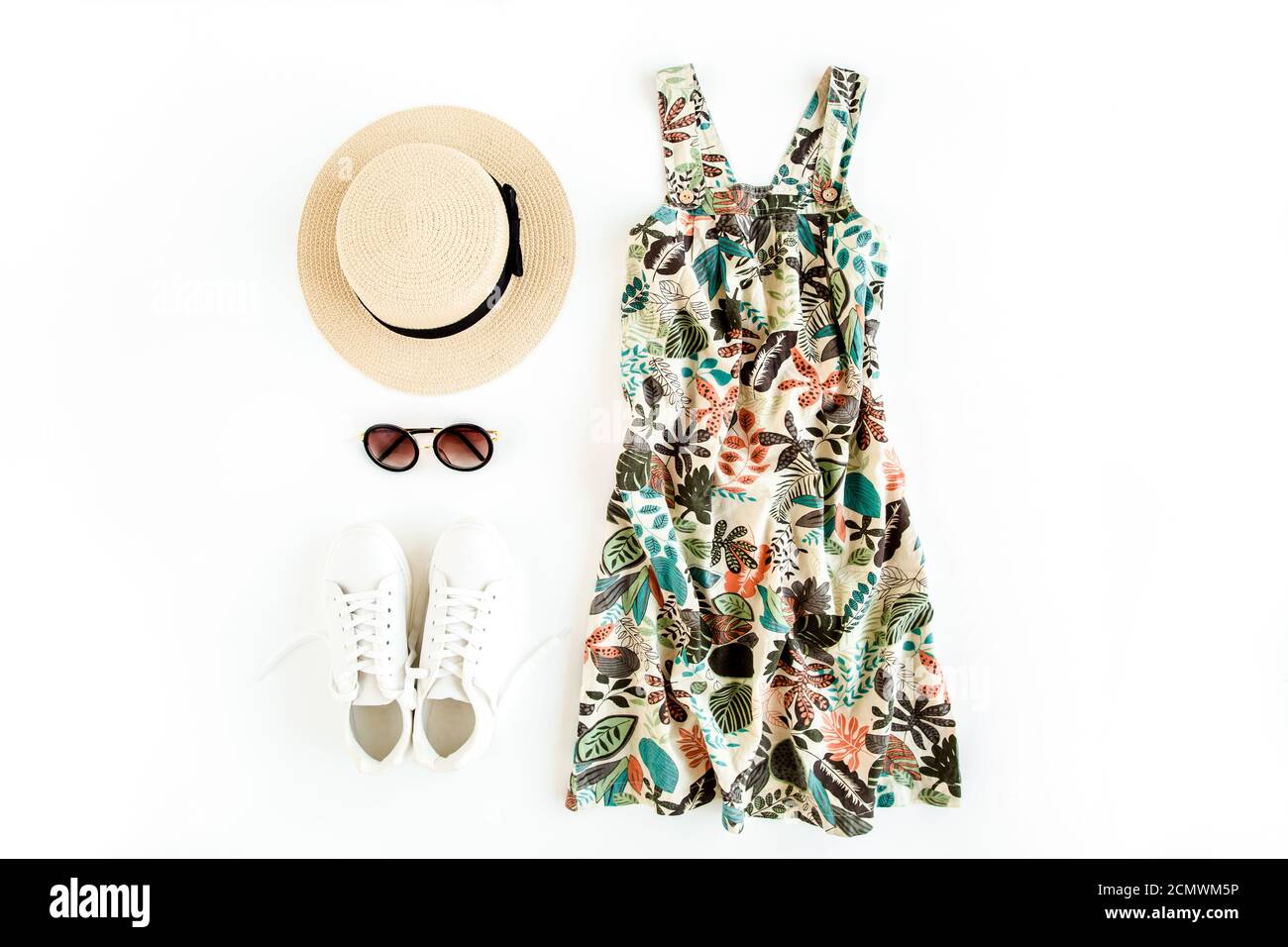 Woman summer clothes travel, collage on white background. Sundress ...