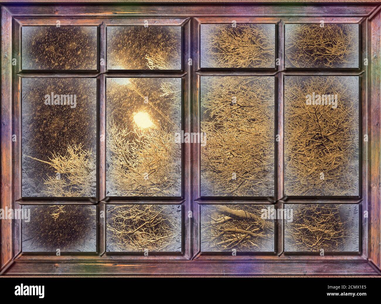 frozen window view the night before christmas Stock Photo - Alamy