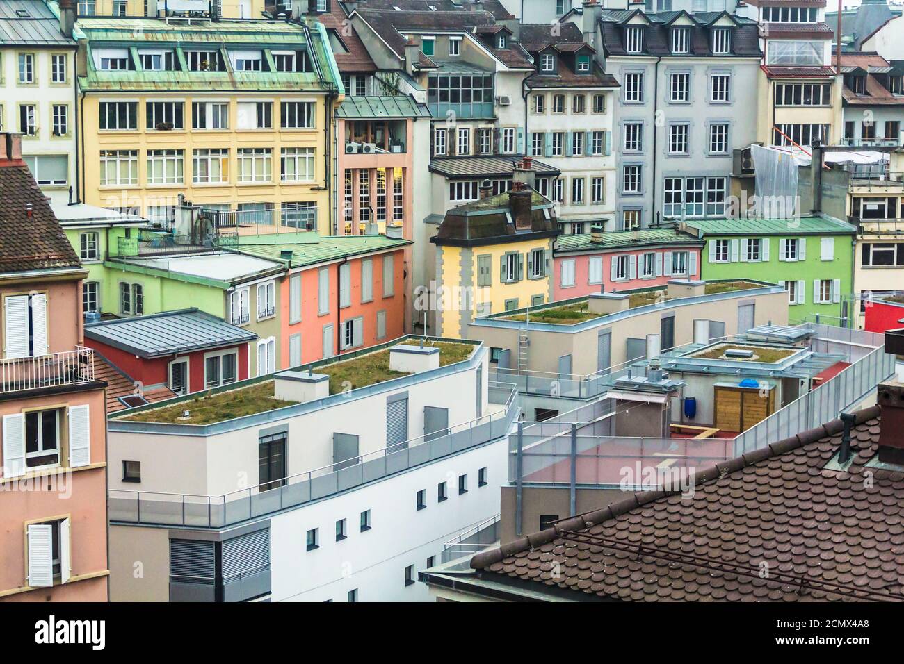Rooftops and facades in Lausanne, Switzerland on an overcast day Stock ...