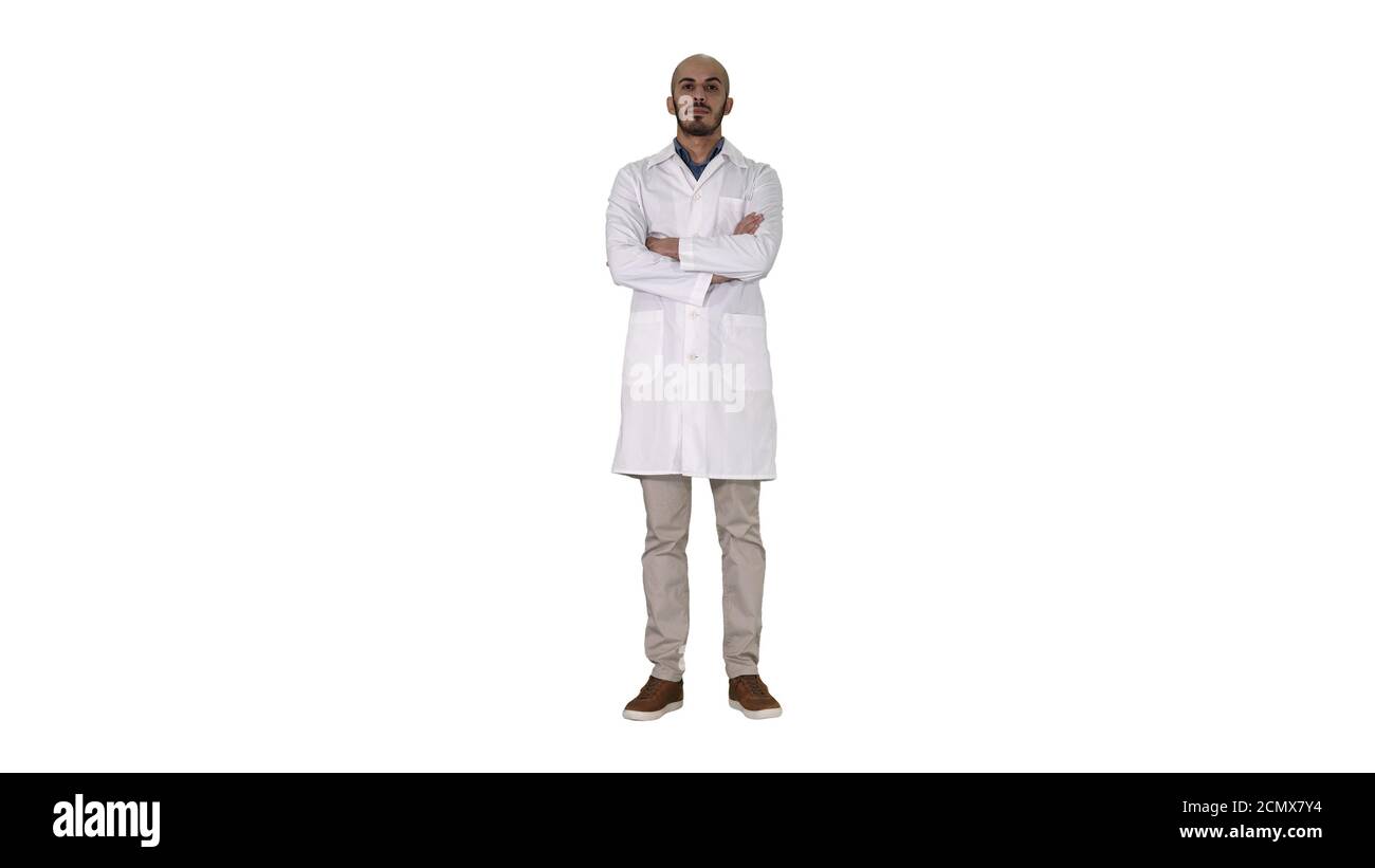 Serious arabian doctor mature male with crossed arms on white ...