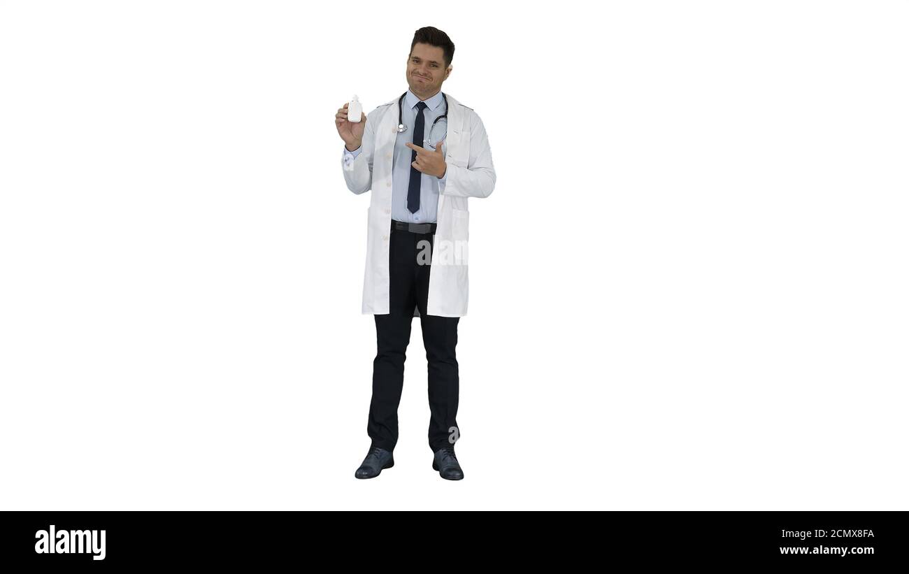 Doctor physician presenting medicine on white background Stock Photo ...