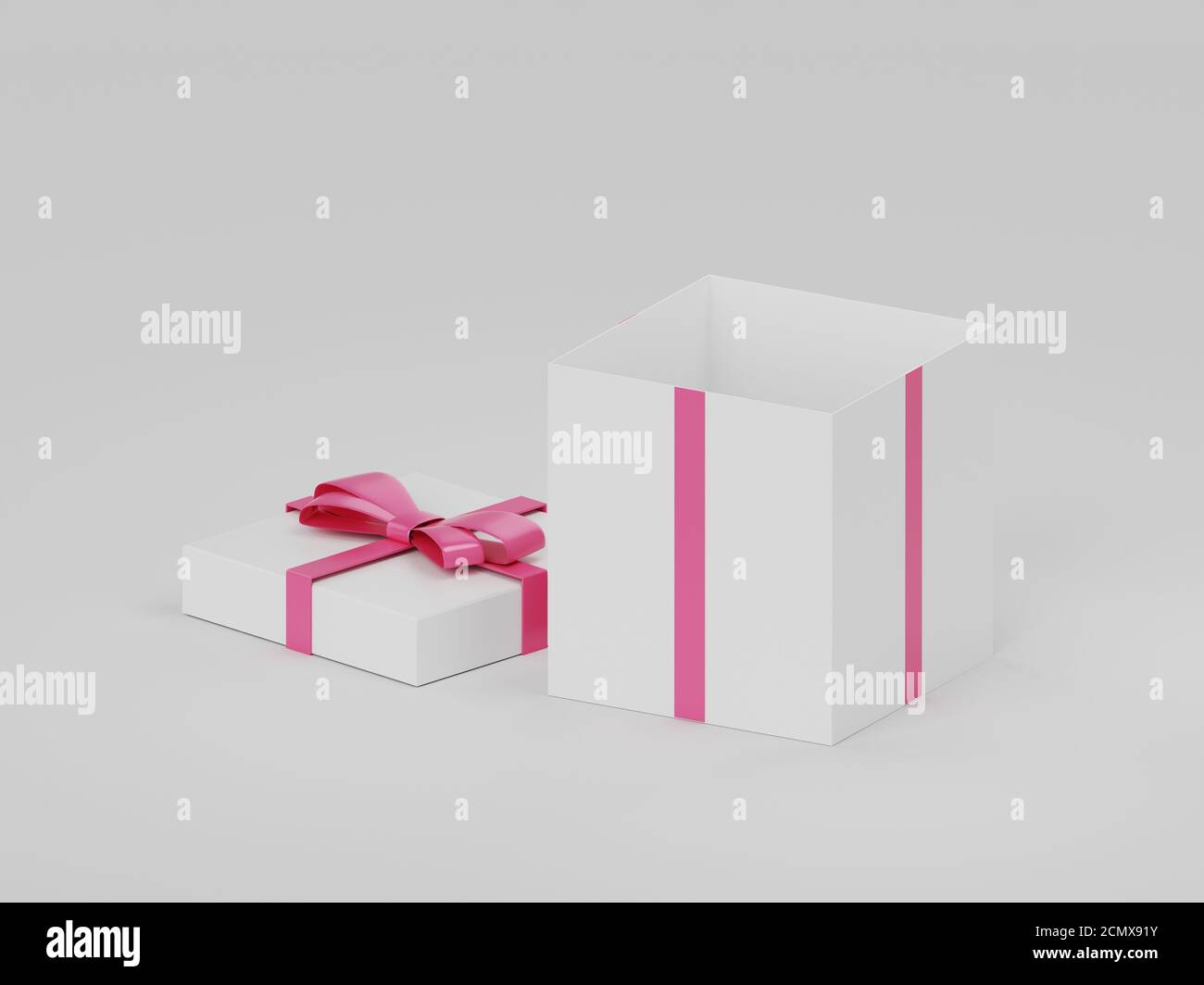 open white gift box with a pink bow on light background, side view, 3d ...