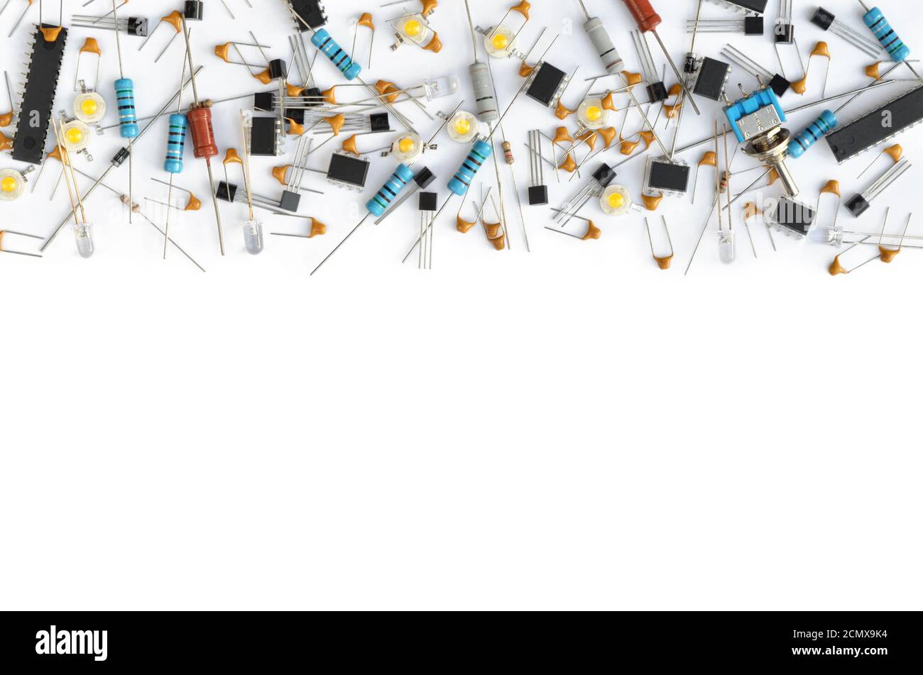 Set of various electronic components on white background with copy ...