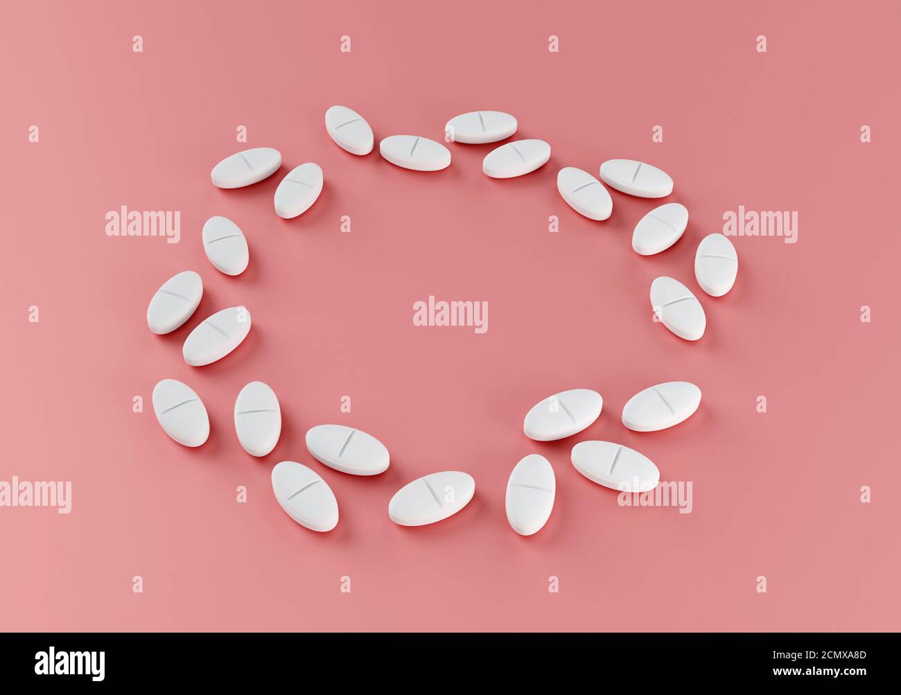 White pills form a circle on the pink table. Medical, pharmacy and ...