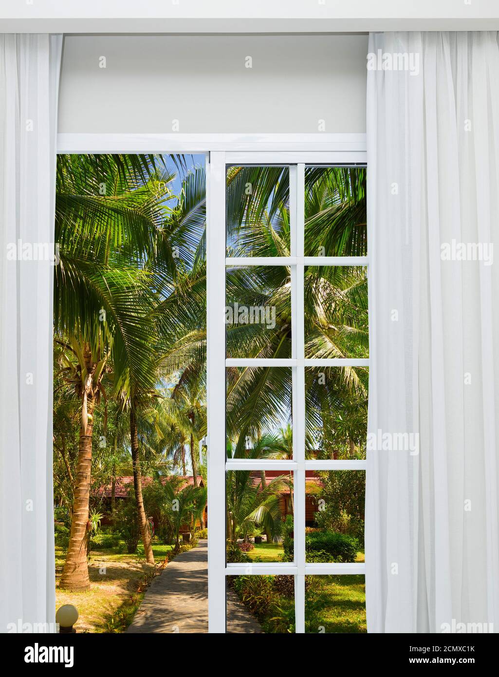 window with view green tree sea bright sunshine Stock Photo - Alamy