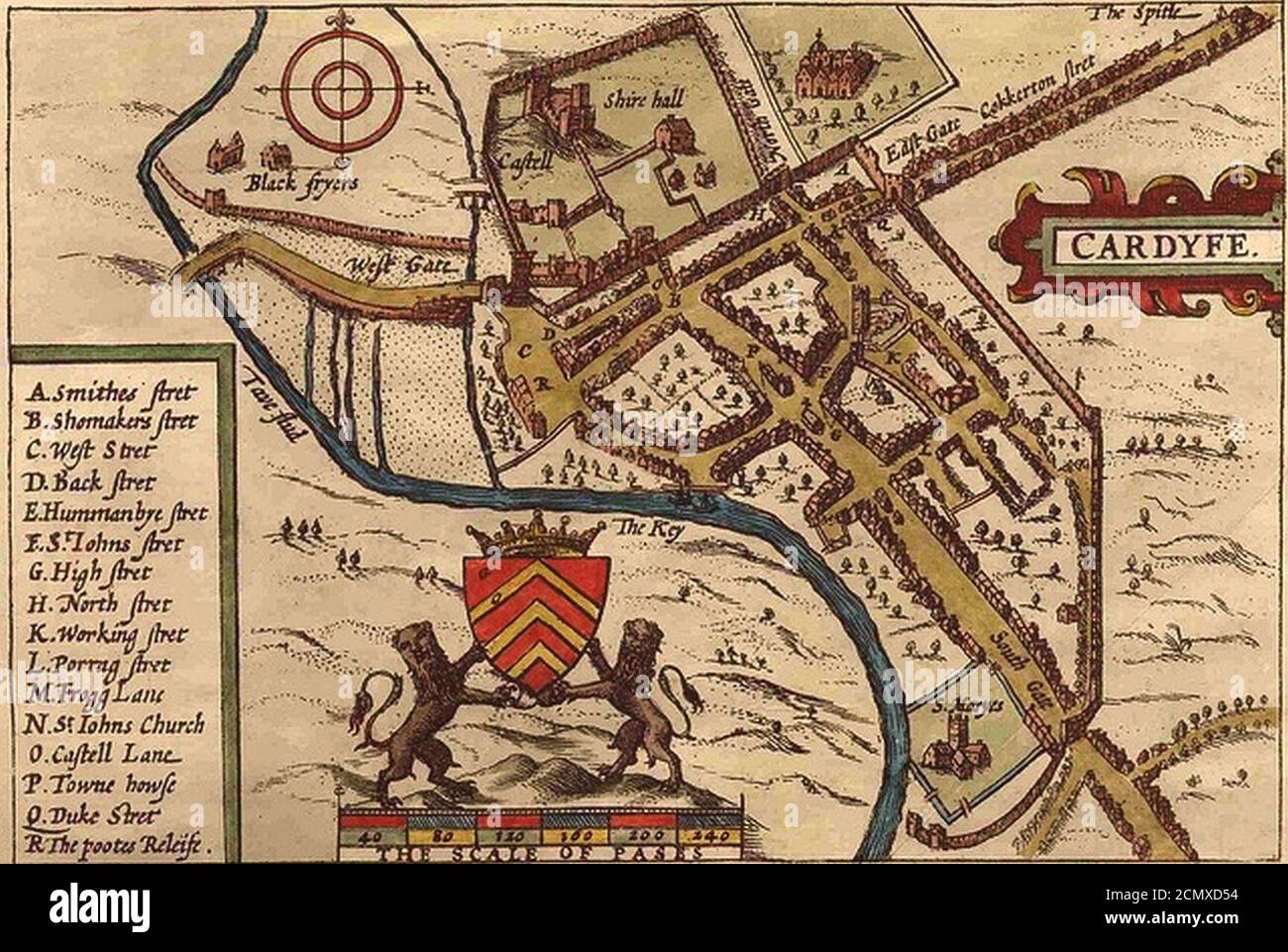 John Speed's map of Cardiff Wales (full Stock Photo - Alamy