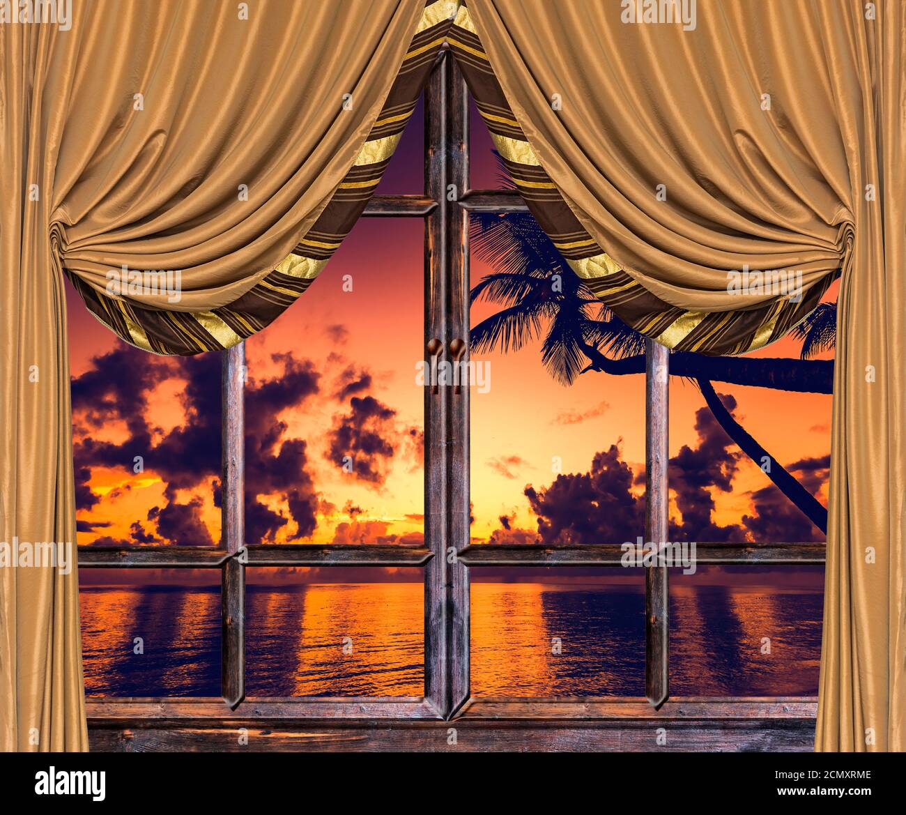 view from the open window of the caribbean sunset Stock Photo - Alamy