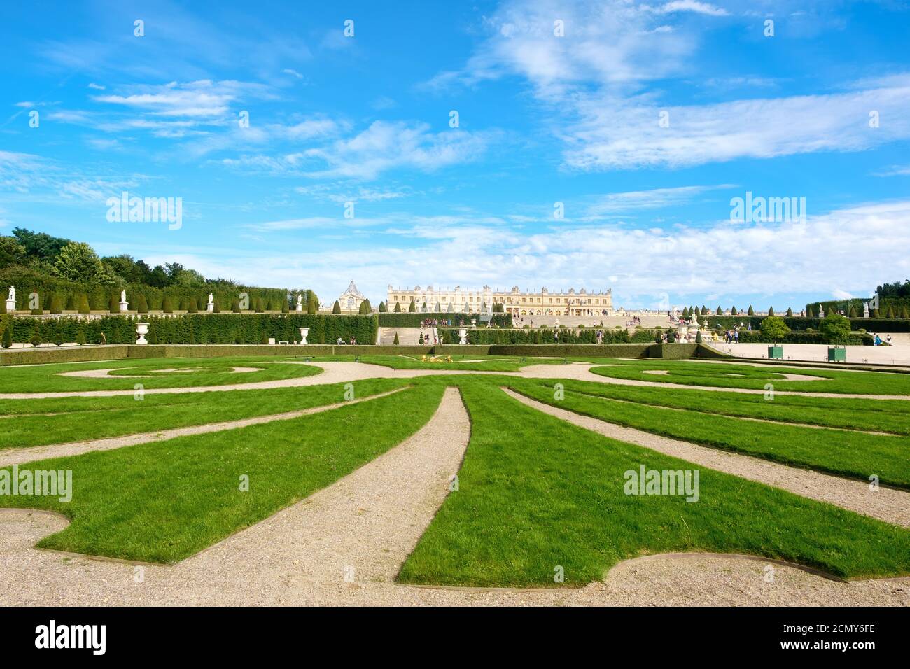 The gardens of the royal Palace of Versailles near Paris in France on a ...