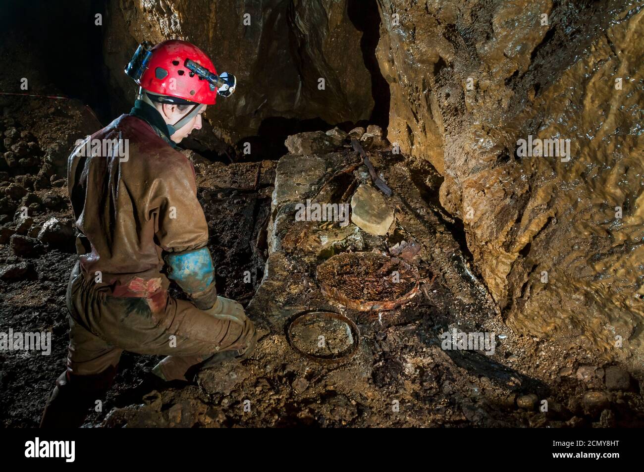 Miner's working platform with old tools and implements in a large ...