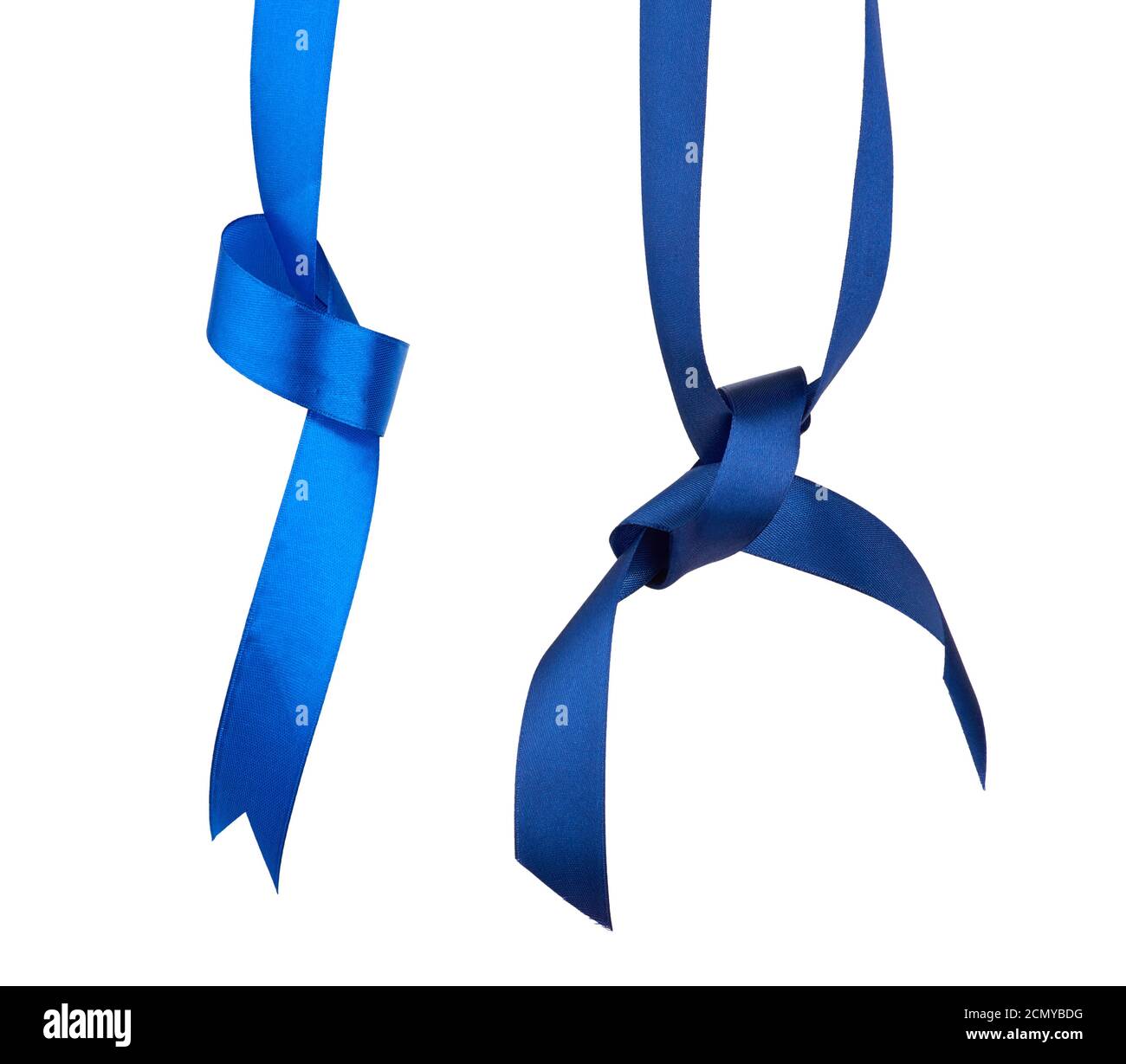 blue and dark blue silk ribbon hanging with a knotted and isolated on a ...