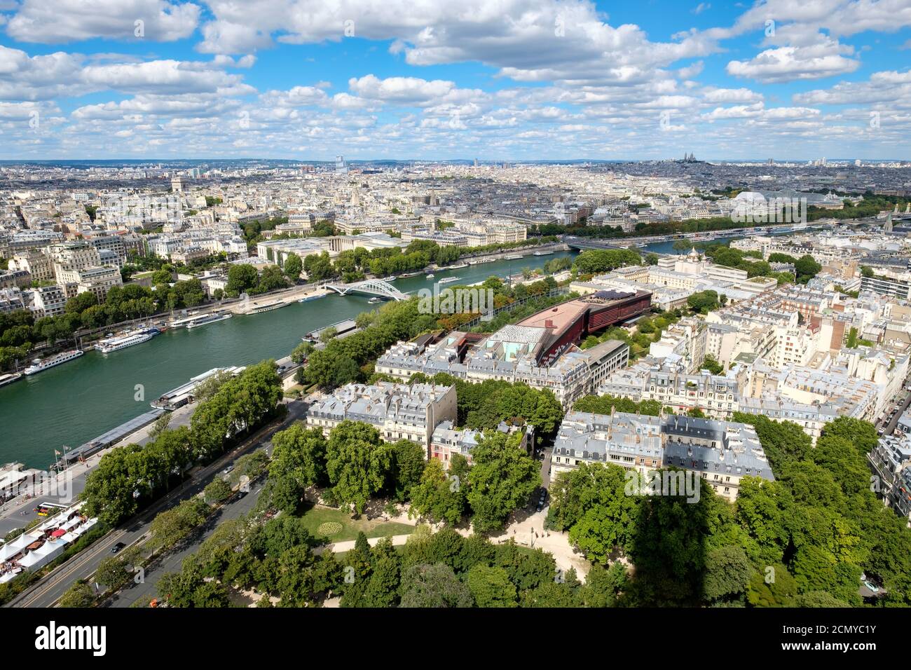 Aerial view of central Paris and the river Seine including several ...