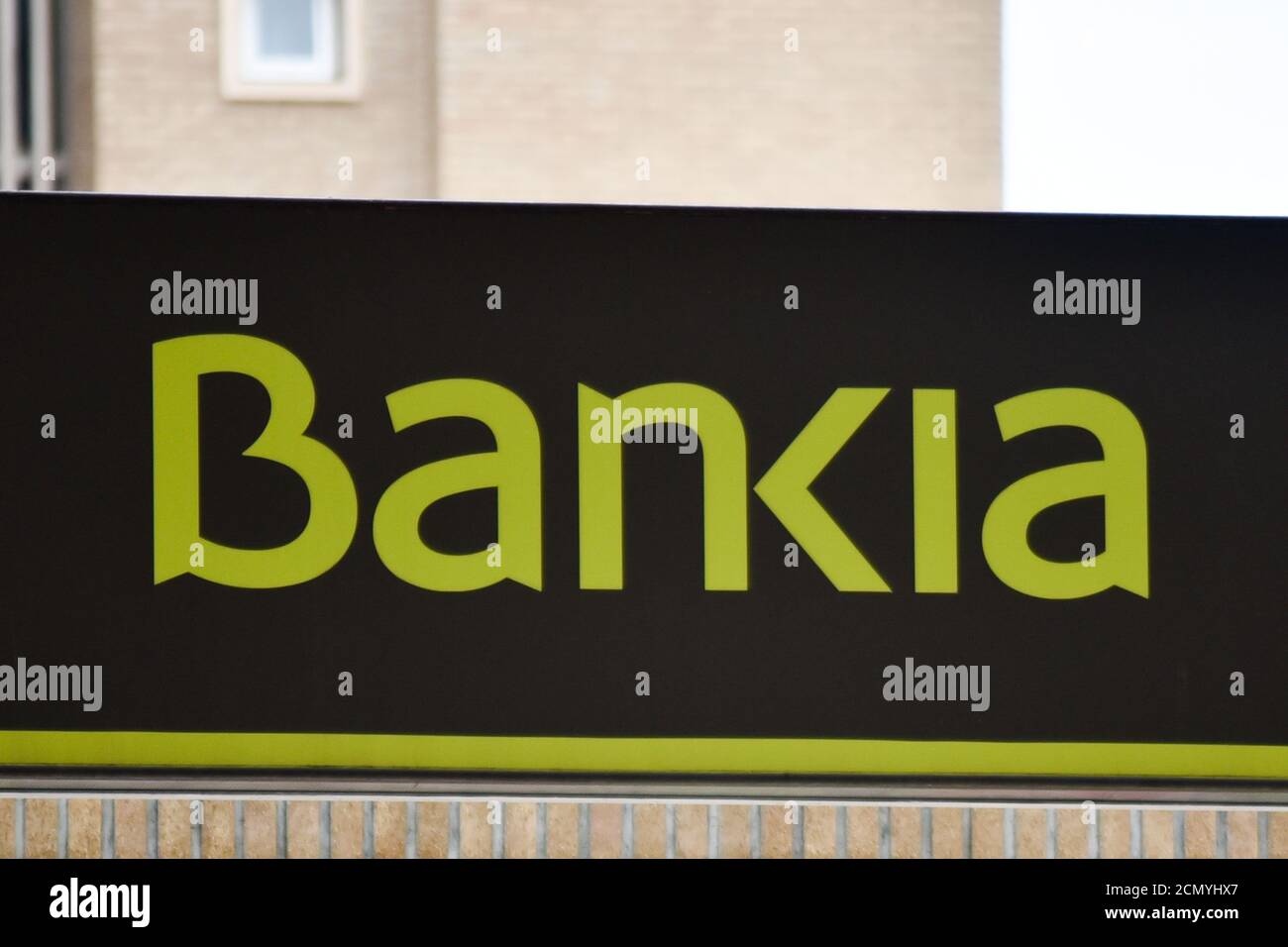 The Bankia logo is seen in Spain.CaixaBank and Bankia are negotiating ...