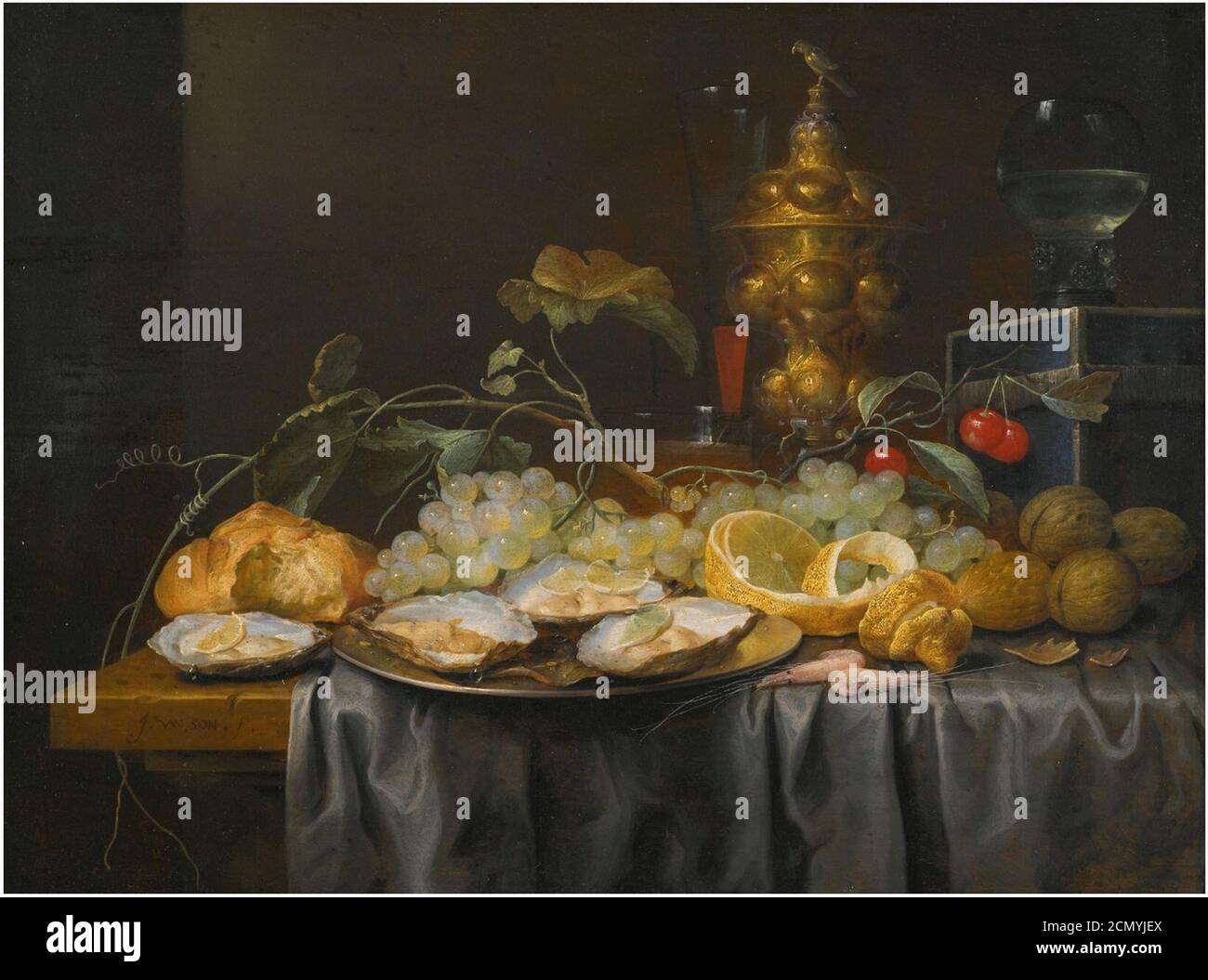 Joris van Son - 'Pronk' still life of grapes, cherries, walnuts and a ...