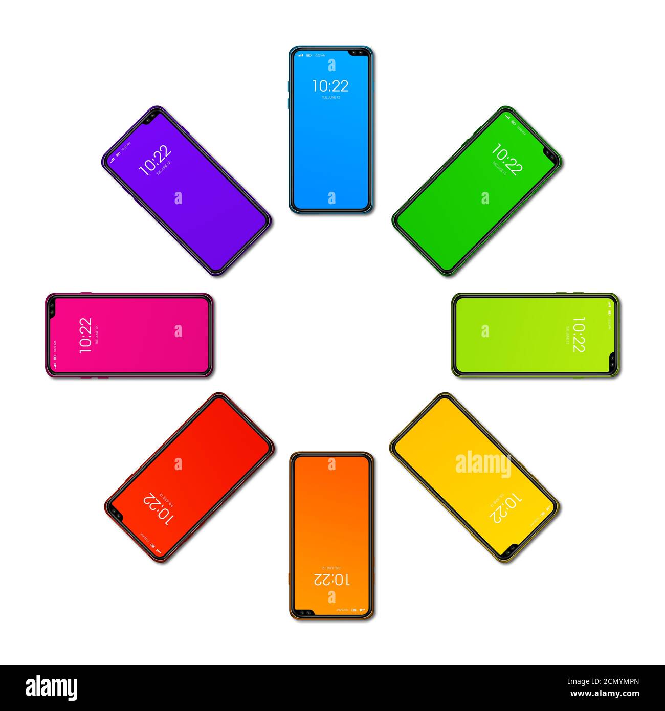 Rainbow colorful smartphone set in circle shape. isolated on white. 3D ...