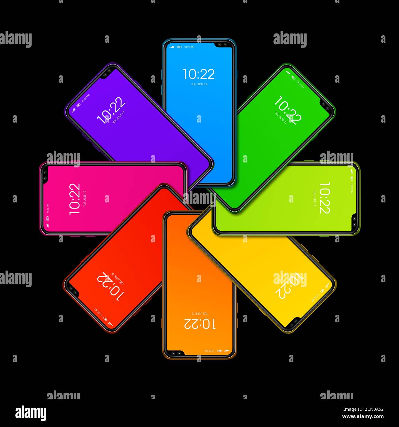 Rainbow colorful smartphone set in circle shape. isolated on black. 3D ...