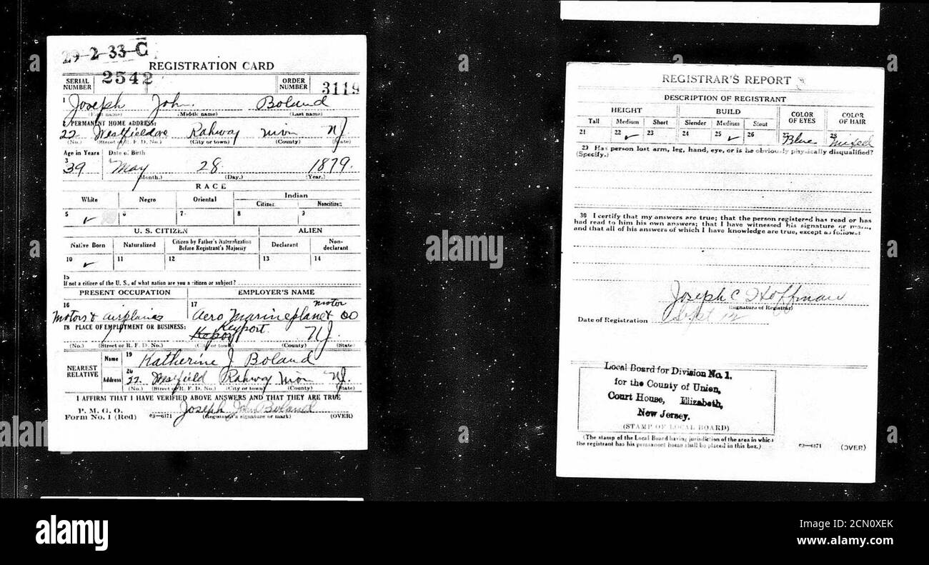 Joseph John Boland (1879-1964) in the WWI draft registration Stock ...