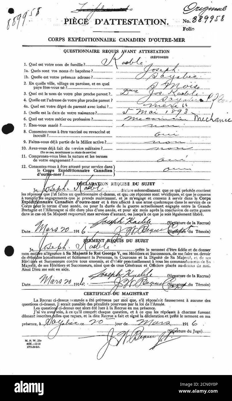 Joseph Keable's 1916 CEF Enlistment Document Stock Photo - Alamy