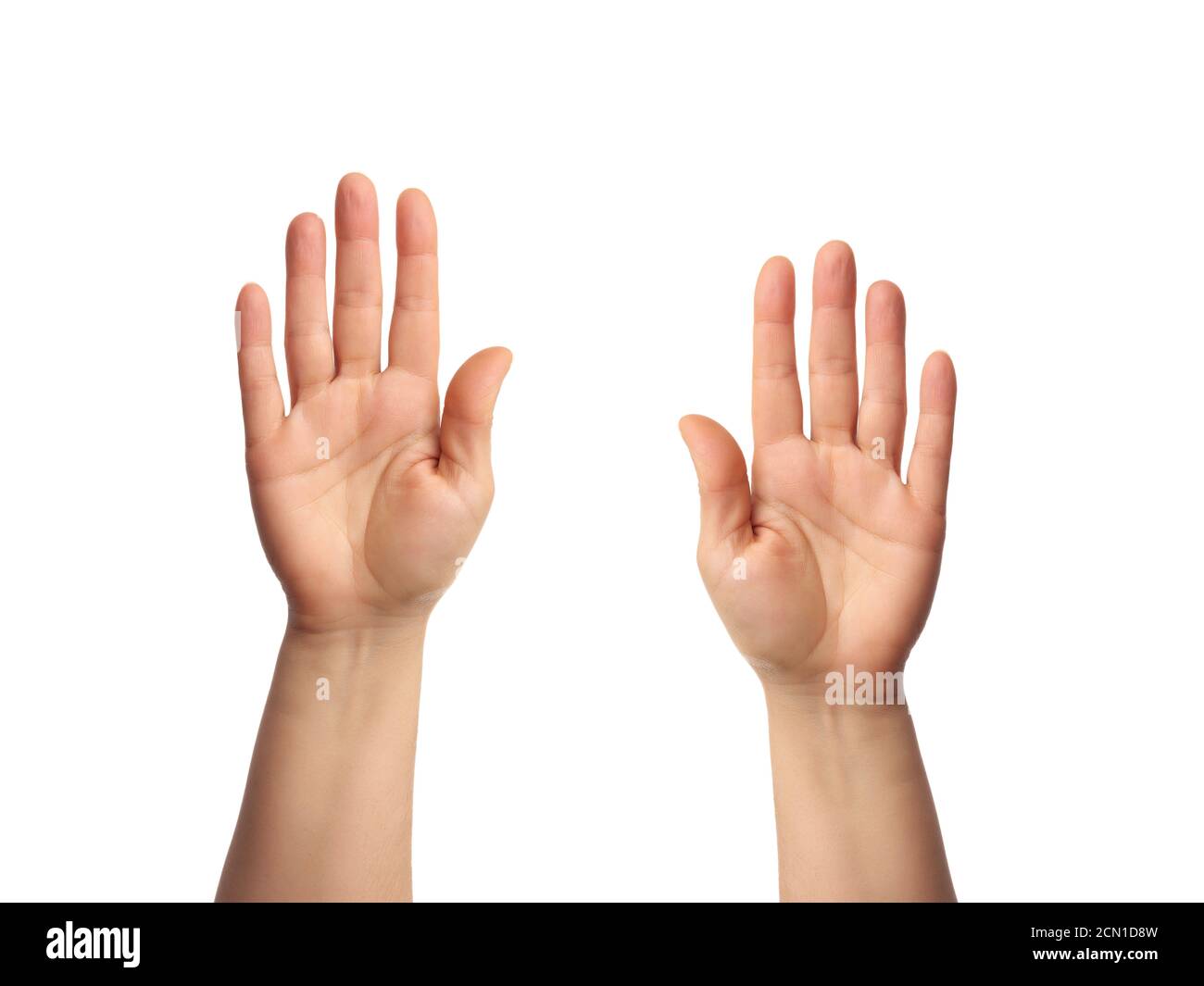 female hand is raised up with an open palm, part of the body is ...