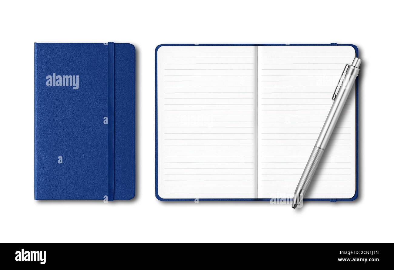 Marine blue closed and open notebooks with a pen isolated on white ...