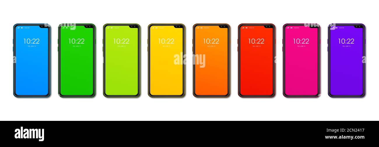 Rainbow colorful smartphone set banner. Isolated on white. 3D render ...